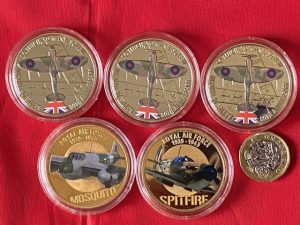 3 x spitfire £5 coins !x spitfire 50p coin 1x mosquito 50p coin legal ...